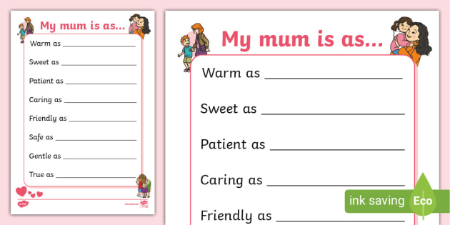 My Mum Is... Simile Poem Writing Template | Mother's Day