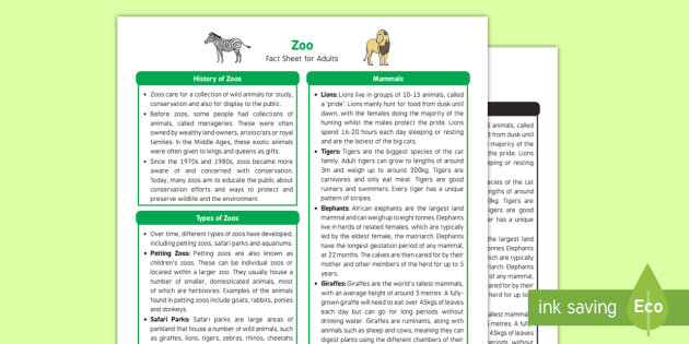 Zoo Fact Sheet for Adults | EYFS | Early Years | KS