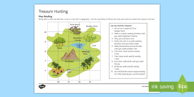 Treasure Hunt Worksheet / Activity Sheet - map, read, skill