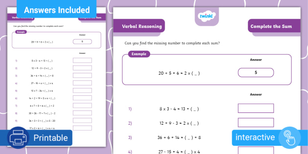 Verbal Reasoning - Complete the Sum - Twinkl Puzzled