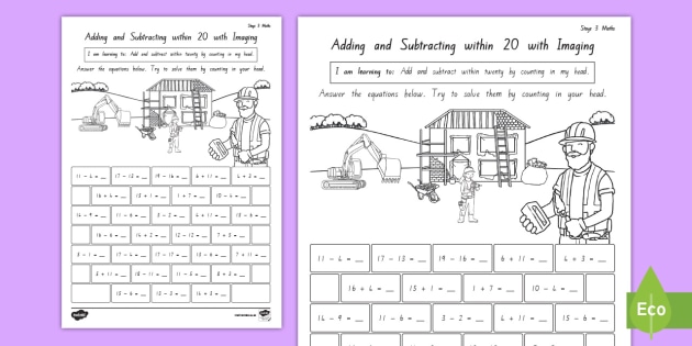 Stage 3 Maths Adding and Subtracting to 20 with Imaging 1 Worksheet