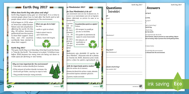 Earth Day Differentiated Reading Comprehension Activity English/Romanian