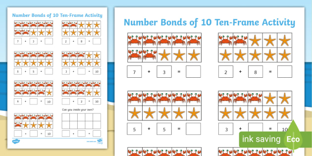 👉 Number Bonds of 10 Seaside Ten-Frame Activity