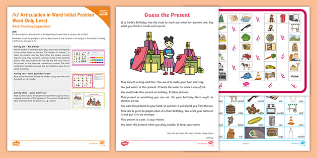 /K/ Articulation in Word Initial Position Word Only Level Activity Pack