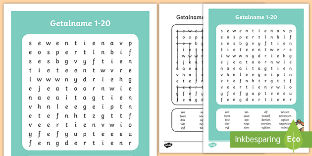 Getalname 1-20 Woordsoek (Teacher-Made)