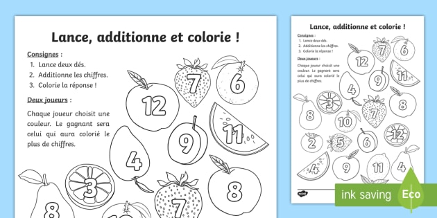 Feuille d'activités : lance, additionne et colorie les fruits