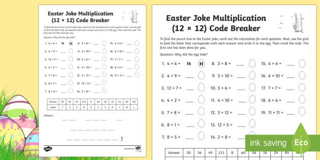 Easter Joke Multiplication (Up to 12 x 12) Code Breaker Worksheet ...