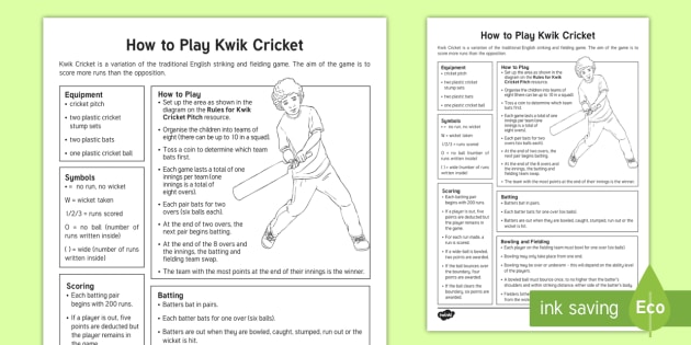 How to Play Kwik Cricket Adult Guidance (teacher made)