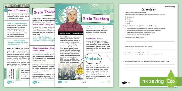 Year 3/4 Greta Thunberg Differentiated Reading Comprehension Activity