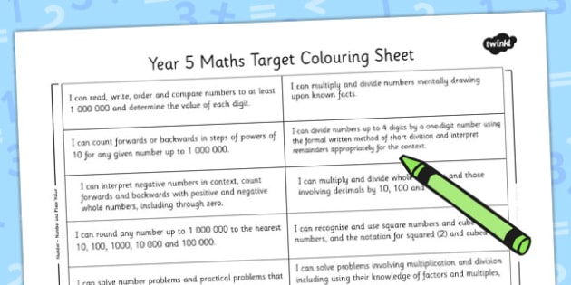 2014 National Curriculum Year 5 Maths Target Colouring Sheet - numeracy