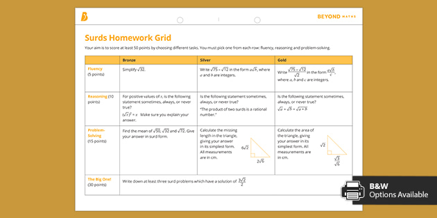 KS4 Surds Mastery Homework Grid (teacher made)