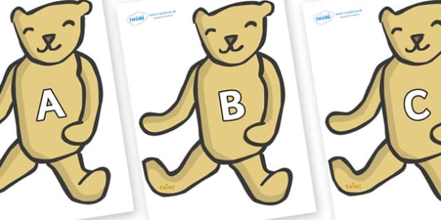 A-Z Alphabet on Old Teddy Bears - A-Z, A4, display, Alphabet frieze ...