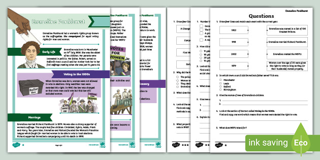 UKS2 Emmeline Pankhurst Reading Comprehension - Twinkl