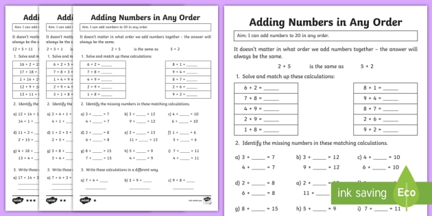 Y2 Adding Numbers in Any Order Differentiated Activity Sheets