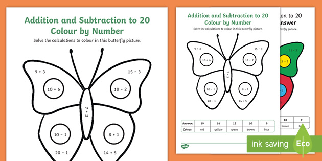 Butterfly Addition and Subtraction to 20 Colour by Calculation Worksheet