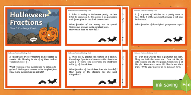 Year 6 Halloween Fractions Challenge Cards (teacher made)