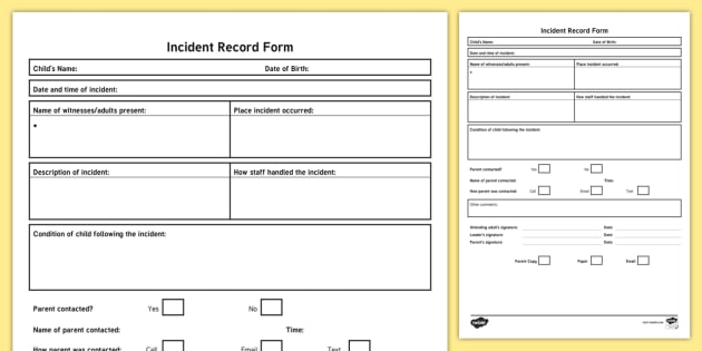 Incidents In An Kindergarten Setting Record Form