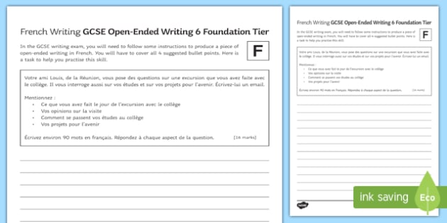 GCSE French Open Ended Writing 6 Foundation Tier Worksheet / Worksheet