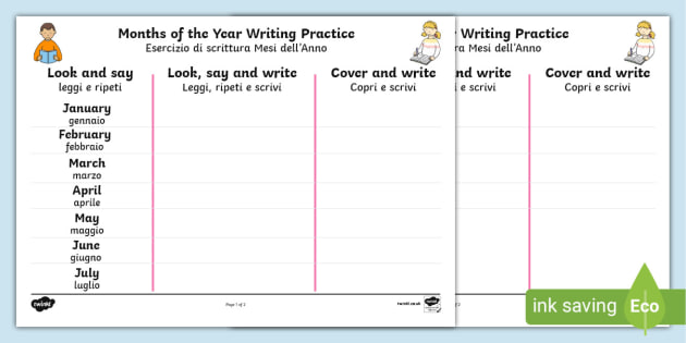 Months of the Year Writing Practice Worksheet / Worksheet English/Italian