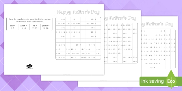 Father's Day Addition and Subtraction Facts up to 20 Maths Mosaic Cards