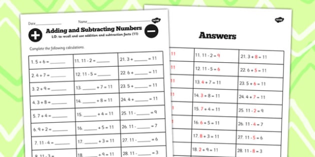 Number Facts to 11 Worksheet (teacher made)