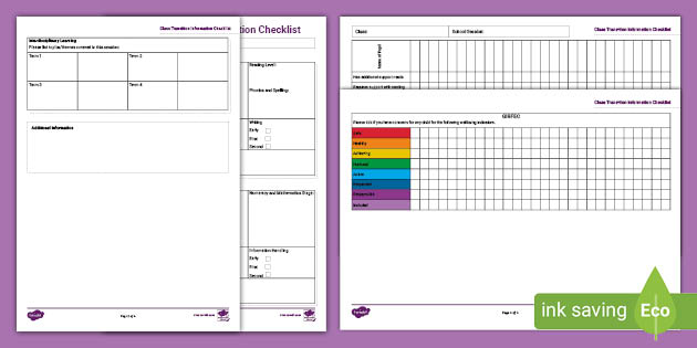 Class Transition Information Checklist - Class Management