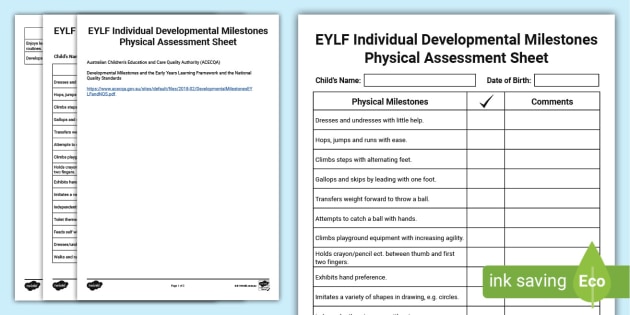 EYLF Individual Developmental Milestones Physical Assessment Sheet