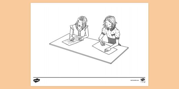 FREE! - Children Working at a Desk Colouring Sheet | Twinkl