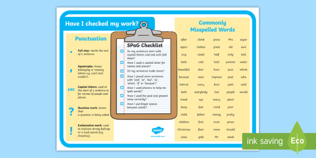 KS1 SPaG Checklist Desk Mat - SPaG Checklist Placemat