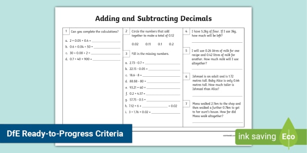 👉 Adding And Subtracting Decimal Numbers Activity Sheet Ks2