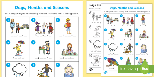 Days, Months and Seasons Missing Letters Write Up Worksheet