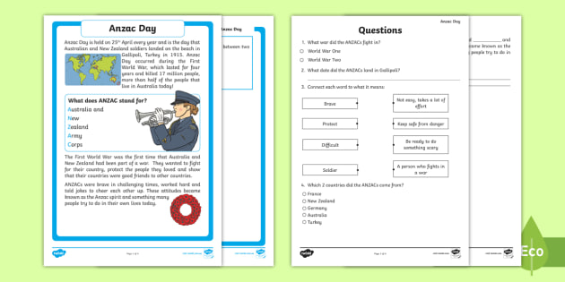 ANZAC Day Reading Comprehension Activity (teacher made)