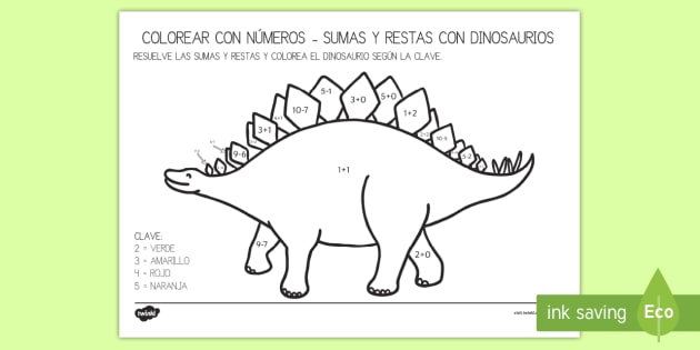 Colorea con números: Sumas y restas 1 10 de los dinosaurios