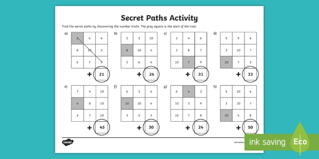 Secret Addition Number Paths Worksheets
