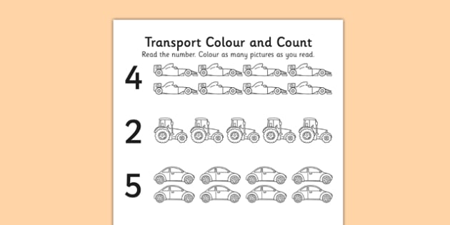 Transport Themed Count and Colour Sheet - counting, colouring