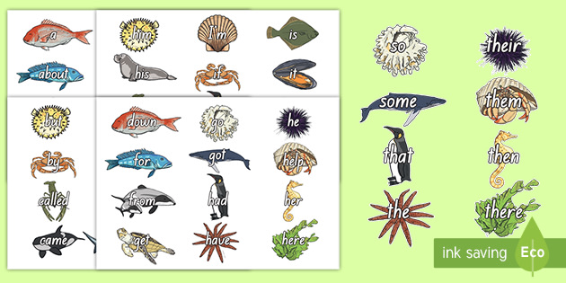 100 High Frequency Words on Sea Creature Cut-Outs