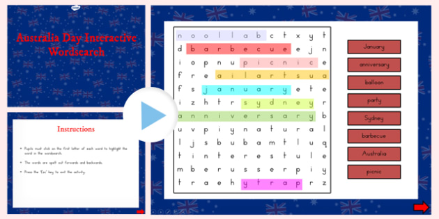 Australia Day Interactive Word Search