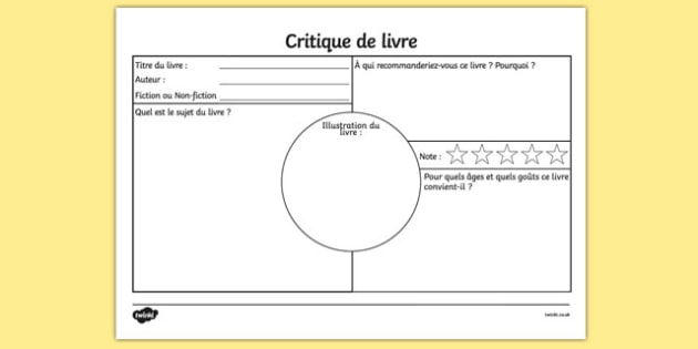 Critique de livre Book Review Worksheet French
