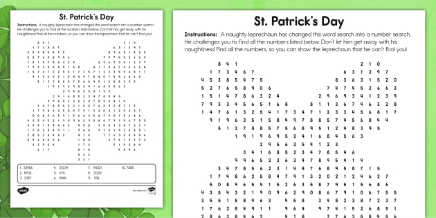 St. Patrick's Day Number Search Activity (teacher made)