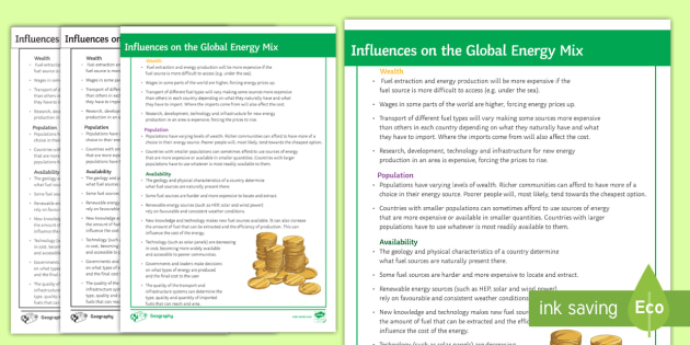 GCSE Resource Management: Influences on the Global Energy Mix Fact Sheet