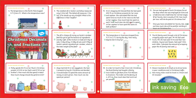 Christmas Decimals and Fractions - Challenge Cards for Kids