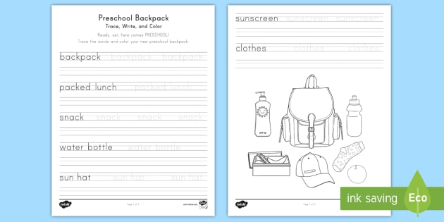 Preschool Backpack Trace and Color Worksheet / Worksheet, worksheet