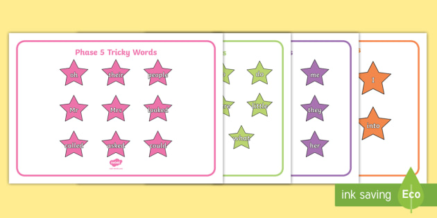 Phase 2 to 5 Tricky Words on Stars Word Mats - Coloured Phase 2 to 5 Tricky