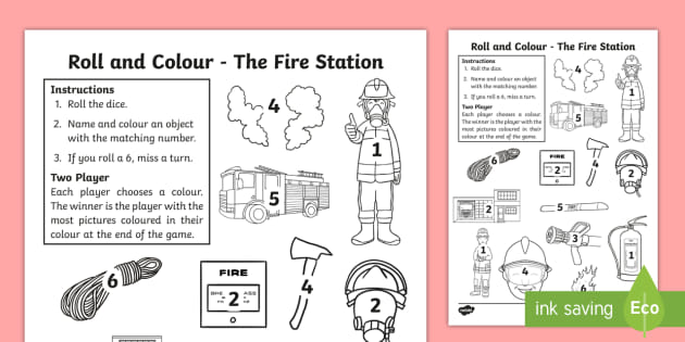 The Fire Station Aistear Roll and Colour Worksheet
