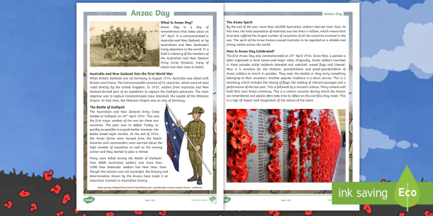 * NEW * Anzac Day Fact File - reading, comprehension, guided