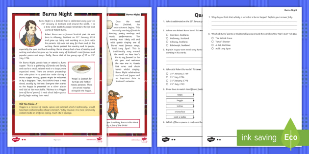 LKS2 Burns Night Differentiated Reading Comprehension Activity