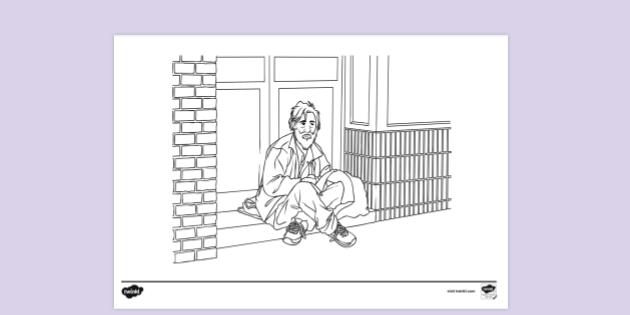 FREE! - homeless man sitting in shop doorway Colouring | Colouring Sheets