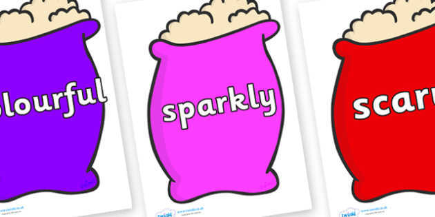 Wow Words on Colourful Bags of Wool (teacher made)