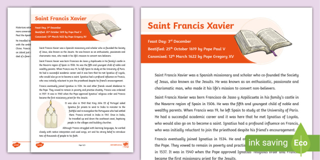 Saint Francis Xavier Fact File (teacher made)
