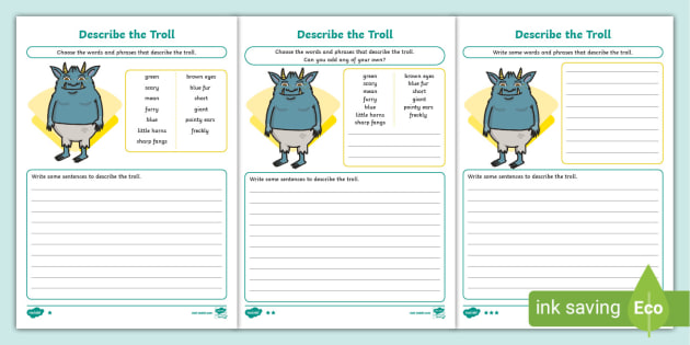 Describe the Troll Writing Activity Sheet (teacher made)